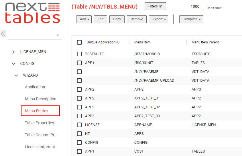 How to configure tables in NextTables