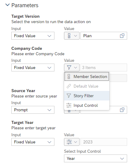 SAP Analytics Cloud planning functions: Fill values of a data action